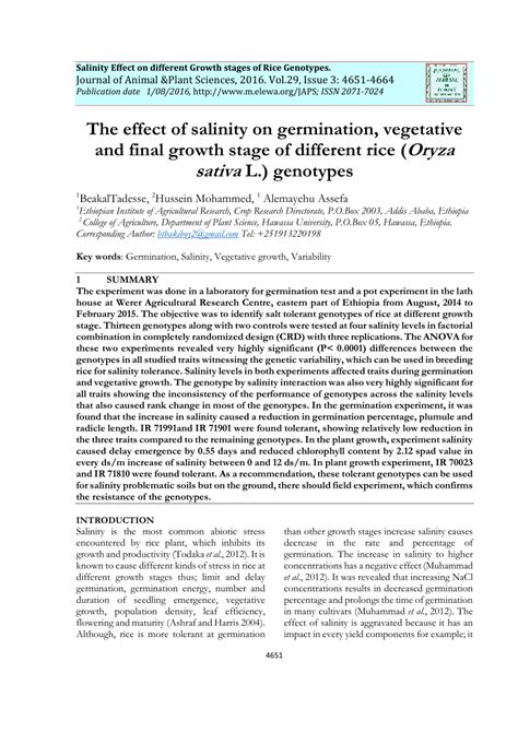 Pdf The Effect Of Salinity On Germination Vegetative And Final Growth Stage Of Different Rice