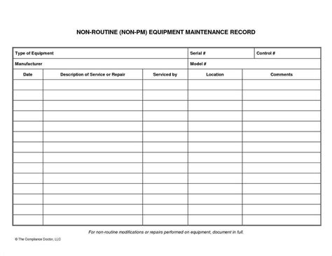 Printable Equipment Maintenance Log