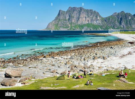 Camping On Beautiful Uttakleiv Beach In The Lofoten Islands Norway