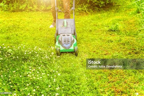 뒷마당에서 잔디 깎는 기계로 녹색 잔디를 자르는 남자 원 예 국가 라이프 스타일 배경입니다 봄이나 여름철에 햇빛 정원 풍경에