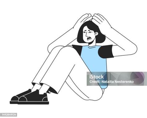 충격을 받은 소녀가 앉아서 머리를 들고 있는 플랫 라인 컬러 벡터 캐릭터 2차 도형에 대한 스톡 벡터 아트 및 기타 이미지 2차 도형 걱정하는 겁먹은 Istock