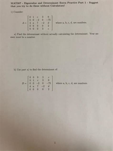 Solved Mat307 Eigenvalue And Determinant Extra Practice