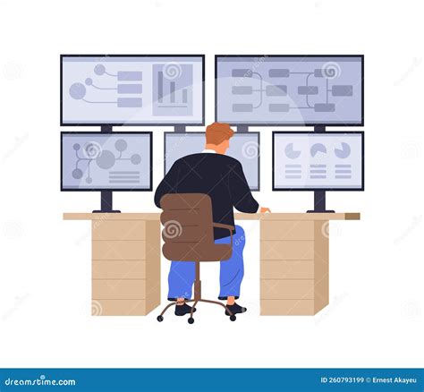 Man At Multiple Screen Computer For Data Analysis Person Works With