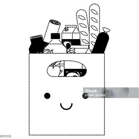 귀여운 직사각형 종이 가방 핸들 및 식품 소시지와 빵 사과 음료 오렌지 주스와 물 병 및 검은 점선된 실루엣에서 우유 판지 가방에 대한 스톡 벡터 아트 및 기타 이미지