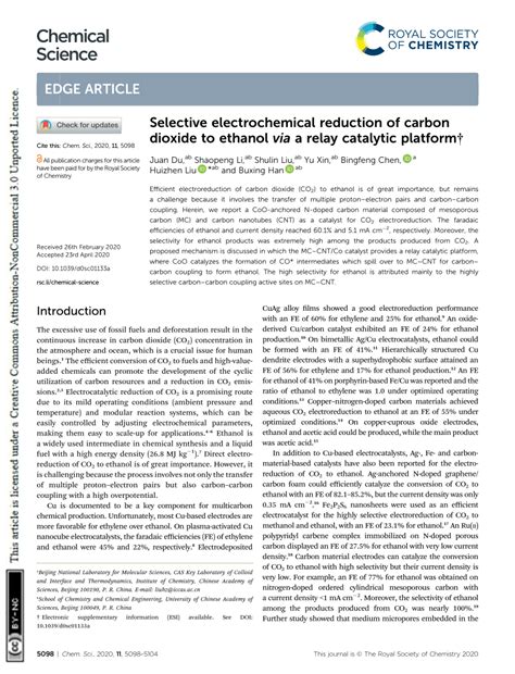 Pdf Selective Electrochemical Reduction Of Carbon Dioxide To Ethanol By Relay Catalytic Platform