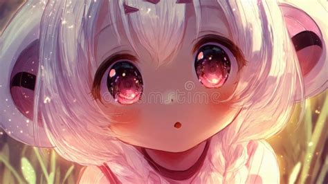 Close Up Shows An Adorable Anime Girl With Braided White Hair And Big