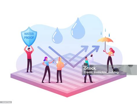 방수 옷 개념 작은 남성 여성 캐릭터는 우산과 떨어지는 비 방울거대한 방수 코팅에 서있다 새로운 기술 함침 직물 만화 사람들 벡터 일러스트레이션 개념에 대한 스톡 벡터 아트