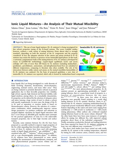 Pdf Ionic Liquid Mixtures An Analysis Of Their Mutual Miscibility
