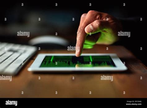 Hacker Man Hands And Tablet Screen For Software Data Crack Code Or