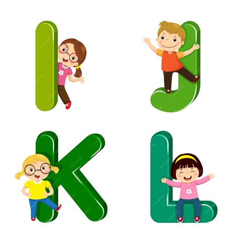 Niños De Dibujos Animados Con Letras Ijkl Vector Premium