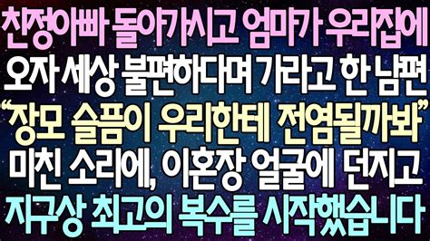 반전 사연 친정아빠 돌아가시고 엄마가 우리집에 오자 세상 불편하다며 가라고 한 남편 미친 소리에 이혼장 얼굴에 던지고 지구상 최고의 복수를 시작했습니다사이다사연