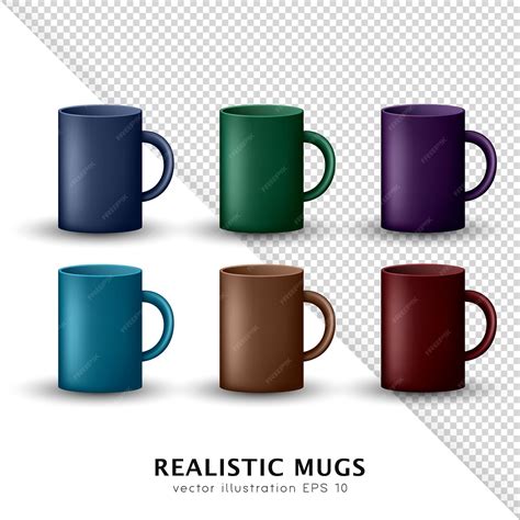 Реалистичный макет различных красочных чистых пустых кружек 3d темный матовый шаблон чашки