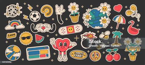 만화 그루비 스티커 70 년대 귀여운 복고풍 캐릭터 히피 스타일 귀여운 라벨을 설정 검은색 배경에 격리 스티커에 대한 스톡 벡터 아트 및 기타 이미지 Istock