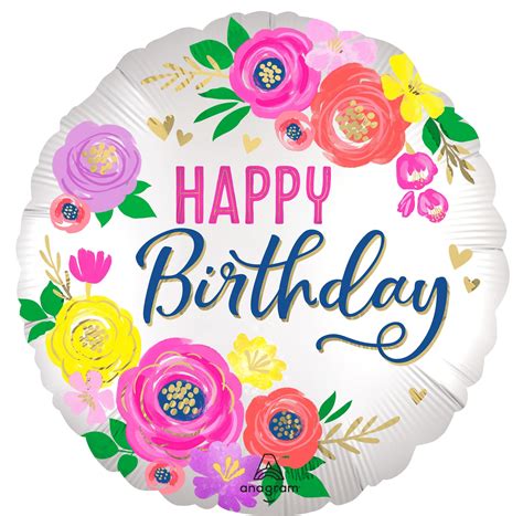 Happy Birthday Round Satin Foil Balloon Multi Coloured Floral 18