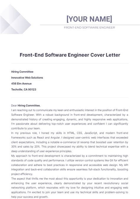 Free Front End Software Engineer Cover Letter Template To Edit Online