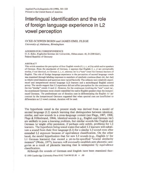Pdf Interlingual Identification And The Role Of Foreign Language Experience In L2 Vowel Perception