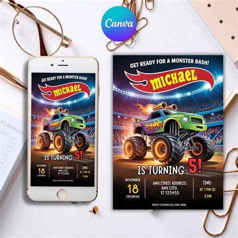 Invitación De Cumpleaños De Monster Truck Plantilla Editable De Canva