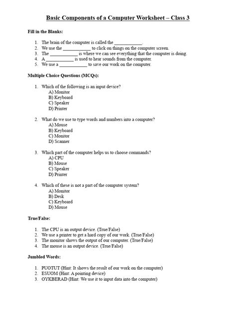 Class 3 Basic Components Of A Computer Revision Worksheet April