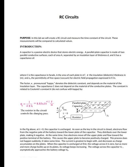Solved RC Circuits PURPOSE In This Lab We Will Create A RC Chegg