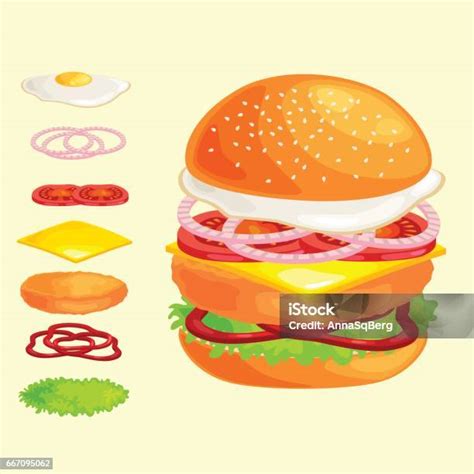 햄버거 구이 쇠고기 야채 세트 소스 롤빵 스낵 햄버거 패스트 푸드 식사 메뉴 바베 큐 고기 배경과 자세한 개별 비행 조각 메뉴