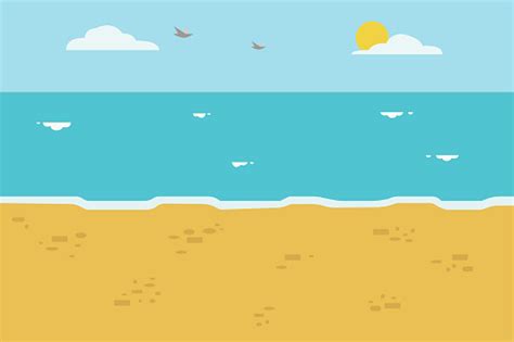 파도 하늘 배경 벡터와 아름 다운 해변입니다 휴가에 바다 경치입니다 바다 보기 벡터 일러스트 레이 션을 진정 해 파도와 평면 해변입니다 개념에 대한 스톡 벡터 아트 및 기타