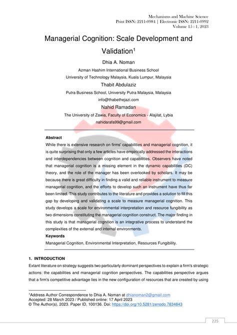 Pdf Managerial Cognition Scale Development And Validation 1