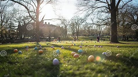 Grassy Park Scene With Scattered Pastel Colored Easter Eggs Under Large