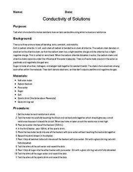 Conductivity And Electrolytes Lab Workbook By DanitaTheScientist