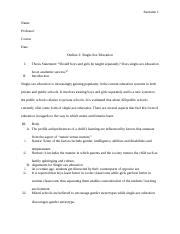 Outline 2 Single Sex Education Surname 1 Name Professor Course Date Outline 2 Single Sex