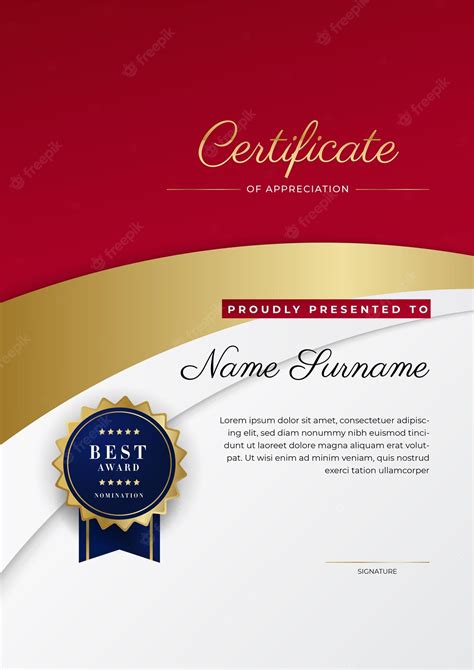 배지 디자인이 있는 빨간색과 금색 다목적 인증서 테두리가 있는 고급 감사 템플릿 우아한 빨간색과 금색 졸업장 인증서 템플릿 프리미엄 벡터