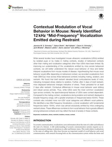 Pdf Contextual Modulation Of Vocal Behavior In Mouse Newly Identified 12 Khz Mid Frequency