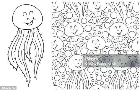 요소의 윤곽 세트와 매끄러운 패턴 조개와 바다 원소와 해파리와 배경 그래픽 프린트에 대한 스톡 벡터 아트 및 기타 이미지