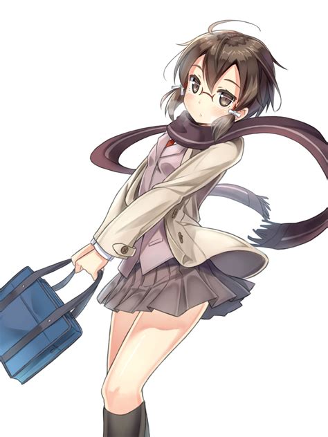 Safebooru 1girl Asada Shino Bag Brown Eyes Brown Hair Glasses Jacket