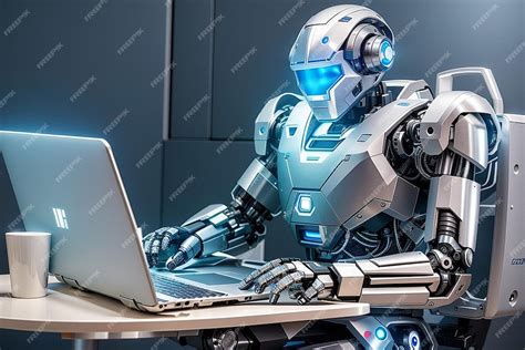 Cyborg Robot Working On Laptop Future Of Artificial Intelligence Concept Premium Ai Generated