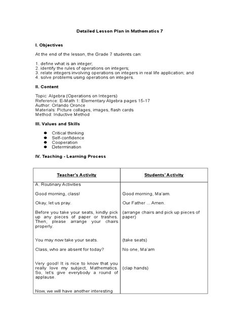 Detailed Lesson Plan In Mathematics 7 Inductive Method Pdf Integer Division Mathematics