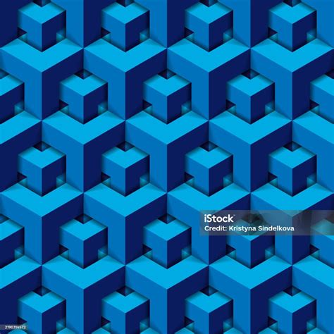 기하학적 아이소 메트릭 블루 큐브 추상 완벽 한 패턴 3d 현실적인 벡터 배경 그림자 기술 스타일 엔지니어링 라인 드로잉 끝없는 그림 직물 벽지 포장 웹 및 인쇄에 사용할