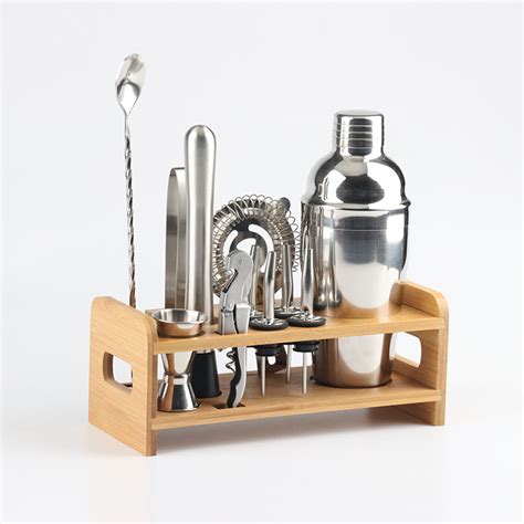 კოქტეილის ნაკრები ხის სტენდით შეიკერი ბარის კოვზი მადლერი სტრეინერი პინცეტი ჯიგერი