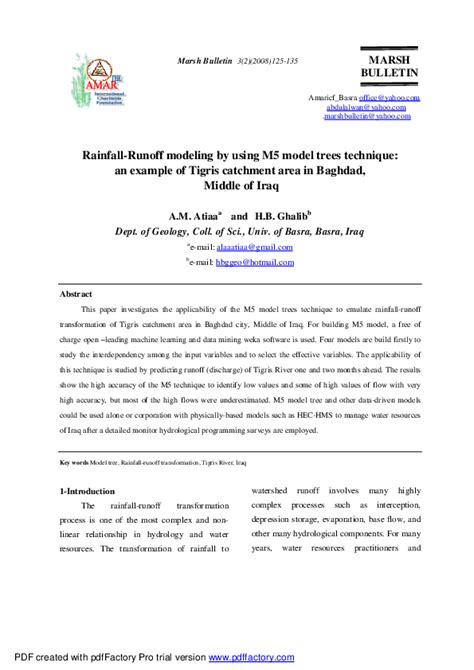pdf marsh bulletin rainfall runoff modeling by using m5 model trees