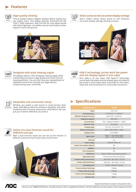 AOC 15 6 16T3E FULL HD 1920x1080 60HZ LED IPS PANEL PORTABLE MONITOR 4MS USB C INPUT VESA