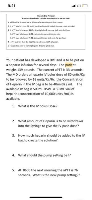 Solved 9 21 El Le Heparin Drip Protocol Standard Heparin Mix