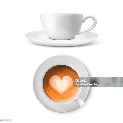 벡터 3d 사실적인 흰색 도자기 세라믹 머그잔 우유 커피 거품 흰색에 고립 된 심장 패턴 세트 카푸치노 라떼 스톡 벡터 일러스트레이션 디자인 템플릿 모형 전면 상단 보기