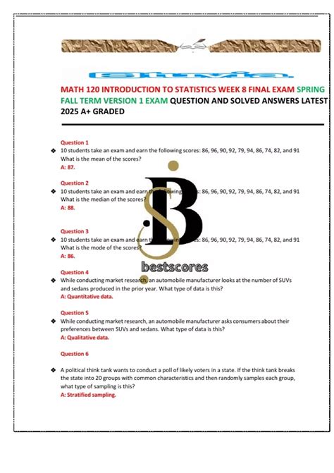 Math 120 Introduction To Statistics Week 8 Final Exam Spring Fall Term Version 1 Exam Question