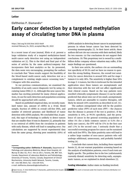 Pdf Early Cancer Detection By A Targeted Methylation Assay Of Circulating Tumor Dna In Plasma