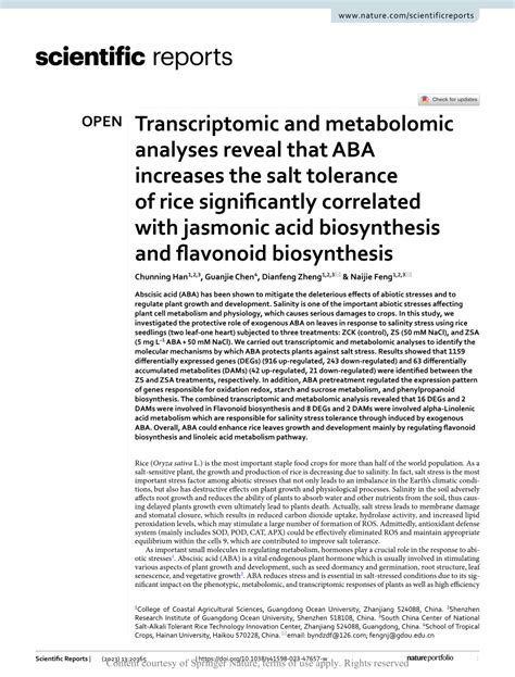 Pdf Transcriptomic And Metabolomic Analyses Reveal That Aba Increases The Salt Tolerance Of