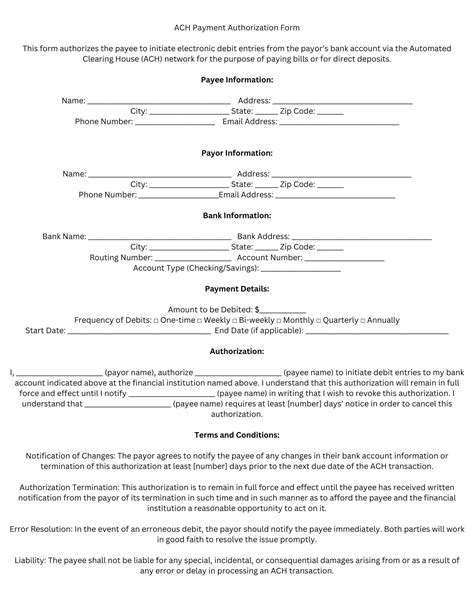 ACH Payment Authorization Form Template Download Etsy
