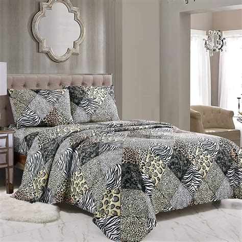 4 Piece Animal Print Sheet Set Black White Grey Leopard Zebra Giraffe