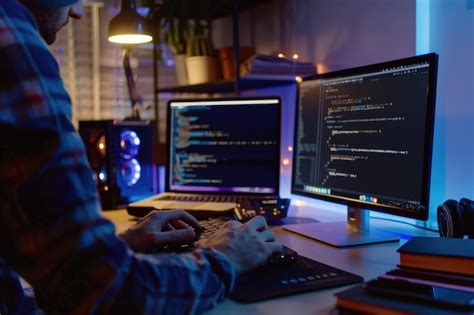 Premium Photo Programmer Working On Computer In Dark Room Programmer