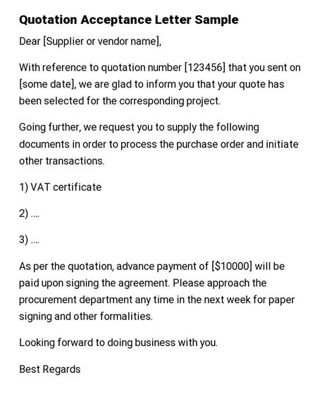 Quotation Acceptance Letter Sample