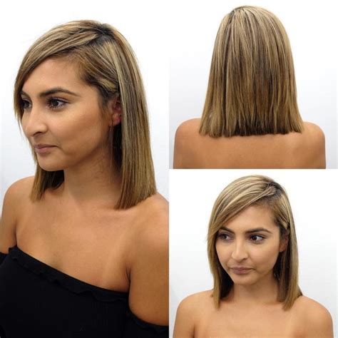 Blunt Shoulder Length Bob With Side Swept Bangs And Highlights The