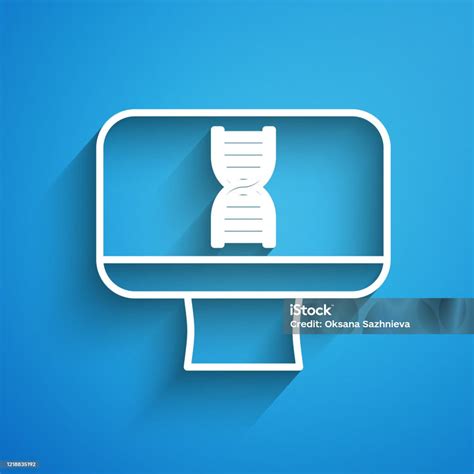 파란색 배경에 격리 된 흰색 선 Dna 나선형 및 컴퓨터 모니터 아이콘 다각형 의료 기술 연구 메쉬 아트 긴 그림자 벡터 일러스트레이션 Dna에 대한 스톡 벡터 아트 및